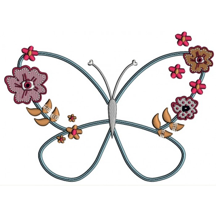 Butterfly With Flowers Applique Machine Embroidery Design Digitized Pattern