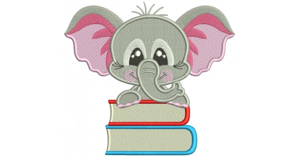 Cute Little Elephant Holding Two Books School Filled Machine Embroidery ...