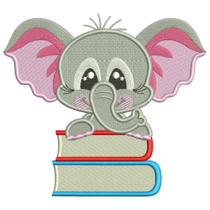 Cute Little Elephant Holding Two Books School Filled Machine Embroidery ...