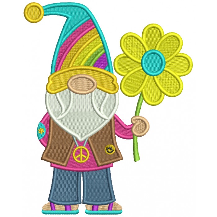 Gnome Wearing Peace Sign Holding Flower Filled Machine Embroidery ...