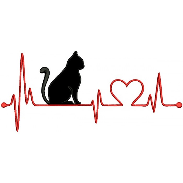 Love Cat EKG Heartbeat Applique Machine Embroidery Design Digitized Pattern