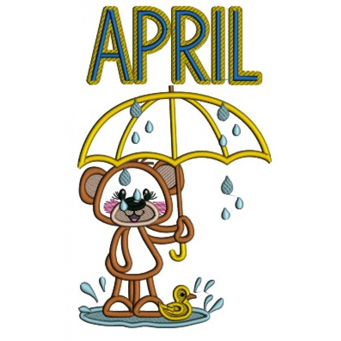 April Little Bear Holding Umbrella Applique Machine Embroidery Design ...