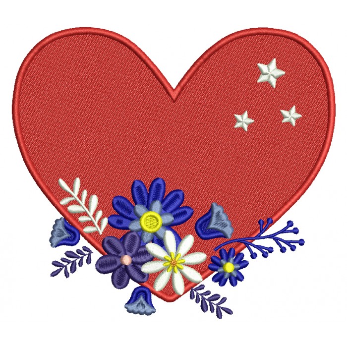 Big Heart With Flowers And Stars Filled Machine Embroidery Design ...