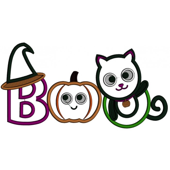 Boo Black Cat And Pumpkin Halloween Applique Machine Embroidery Design ...