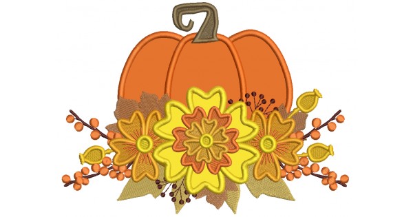 Pumpkin With Fall Flowers Applique Machine Embroidery Design Digitized ...