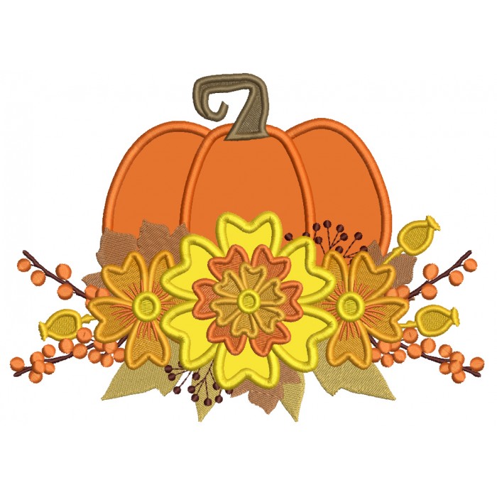 Pumpkin With Fall Flowers Applique Machine Embroidery Design Digitized ...