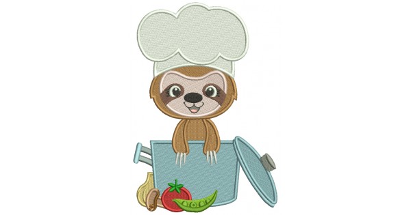 Sloth Cook With Cooking Pot And Vegetables Filled Machine Embroidery ...