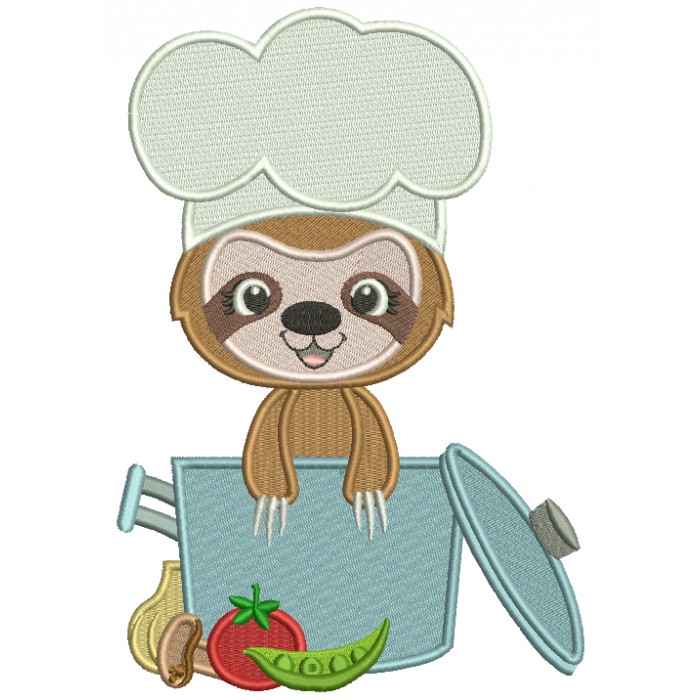 Sloth Cook With Cooking Pot And Vegetables Filled Machine Embroidery ...