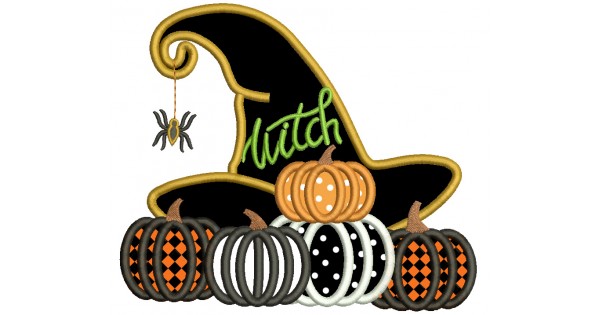 Witch Hat With Spider And Pumpkins Halloween Applique Machine ...