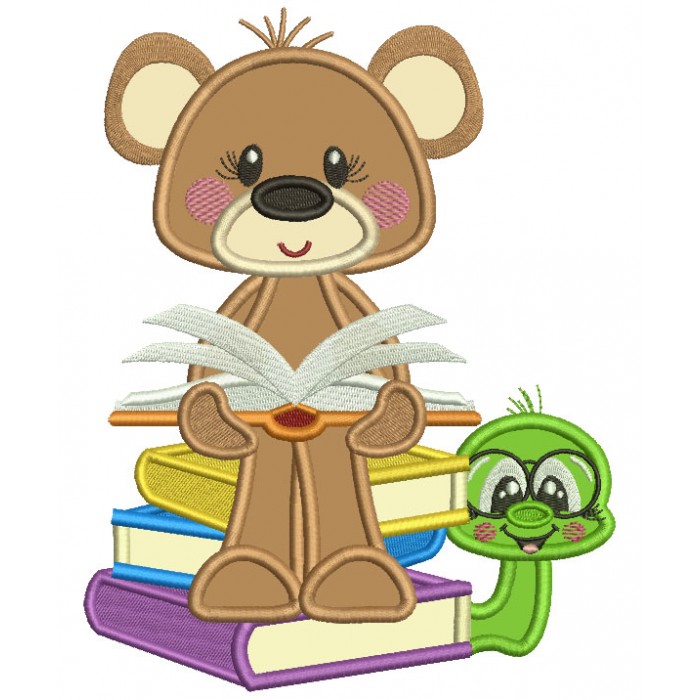 Cute Bear Reading Book School Applique Machine Embroidery Design ...