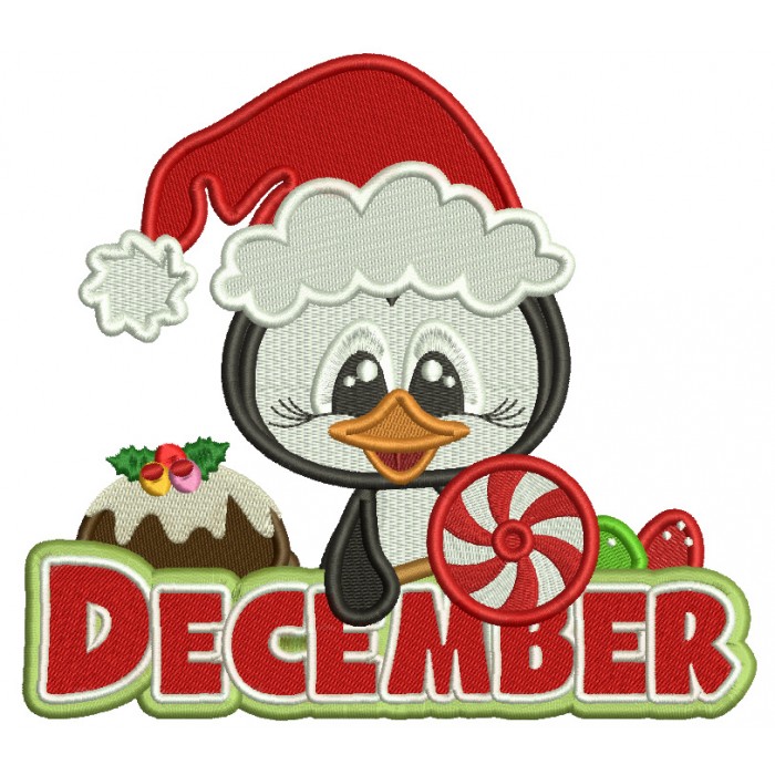 December Penguin Wearing Santa Hat Christmas Filled Machine Embroidery ...