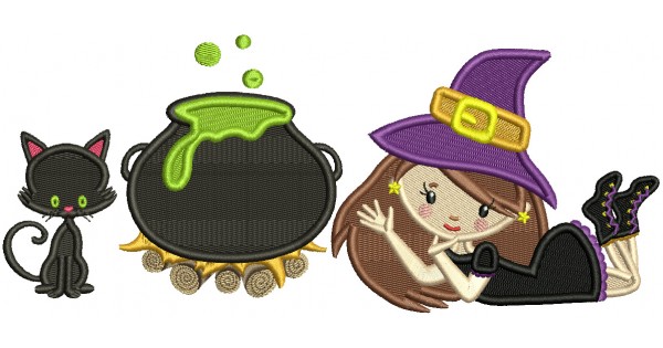 Witch Couldring And a Black Cat Halloween Filled Machine Embroidery ...