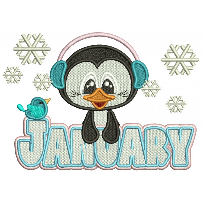 January Penguin And Snow Christmas Filled Machine Embroidery Design ...