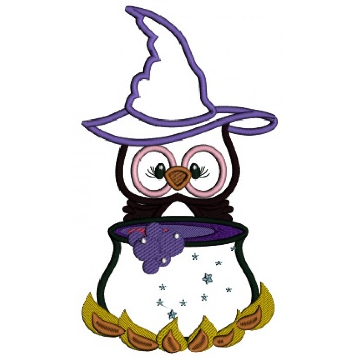 Owl Wizard With a Pot Applique Halloween Machine Embroidery Design Digitized Pattern