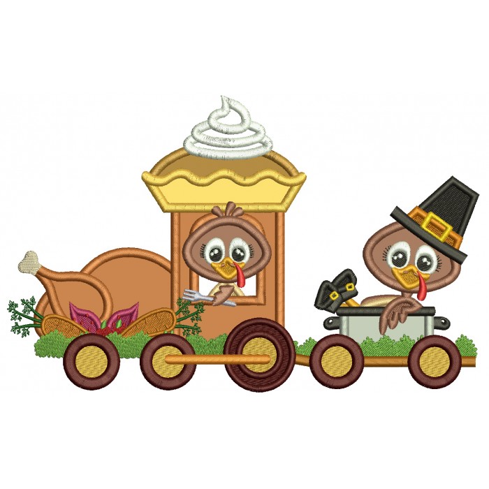 Thanksgiving Train With Two Turkeys Applique Machine Embroidery Design ...