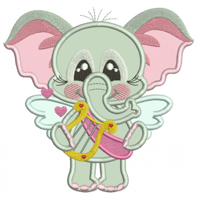 Cute Baby Elephant Angel With a Harp Valentine's Day Applique Machine ...