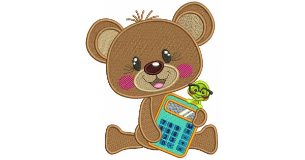 Cute Bear Holding Calculator School Filled Machine Embroidery Design ...