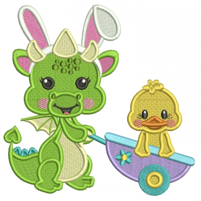 Cute Dragon Wearing Bunny Ears Driving Little Chick On a Garden Wagon ...