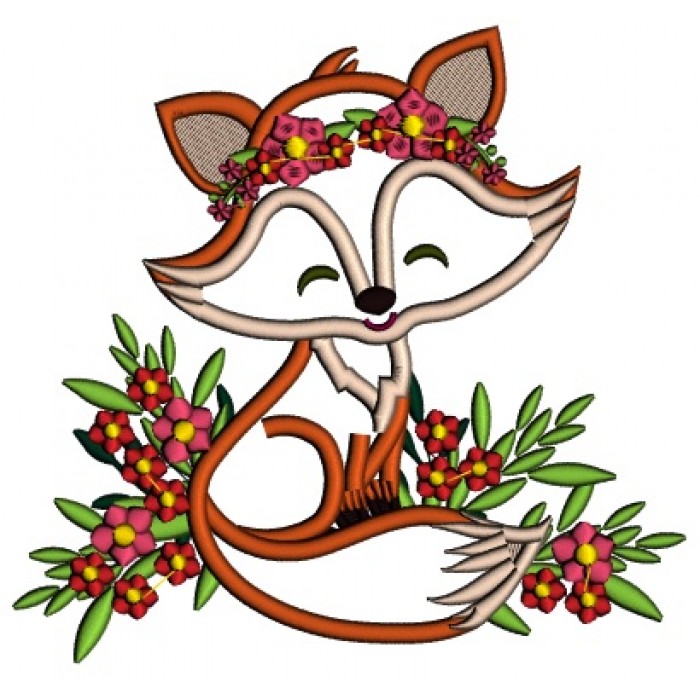 Cute Fox With Flowers Animal Applique Machine Embroidery Design ...