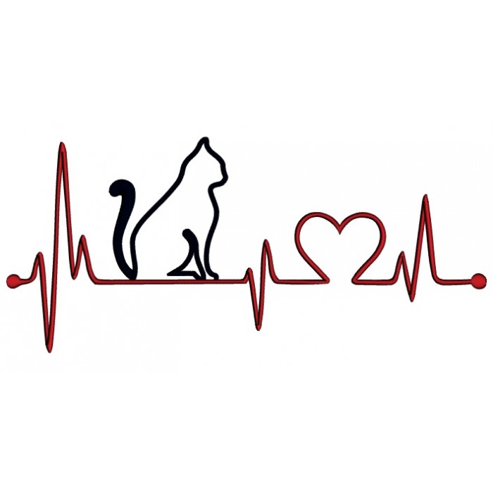Love Cat EKG Heartbeat Applique Machine Embroidery Design Digitized Pattern