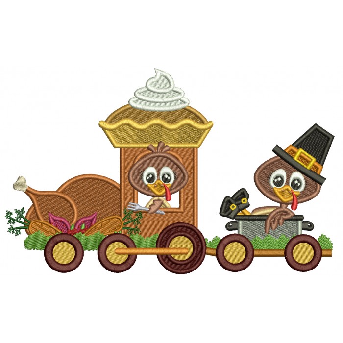 Thanksgiving Train With Two Turkeys Filled Machine Embroidery Design ...