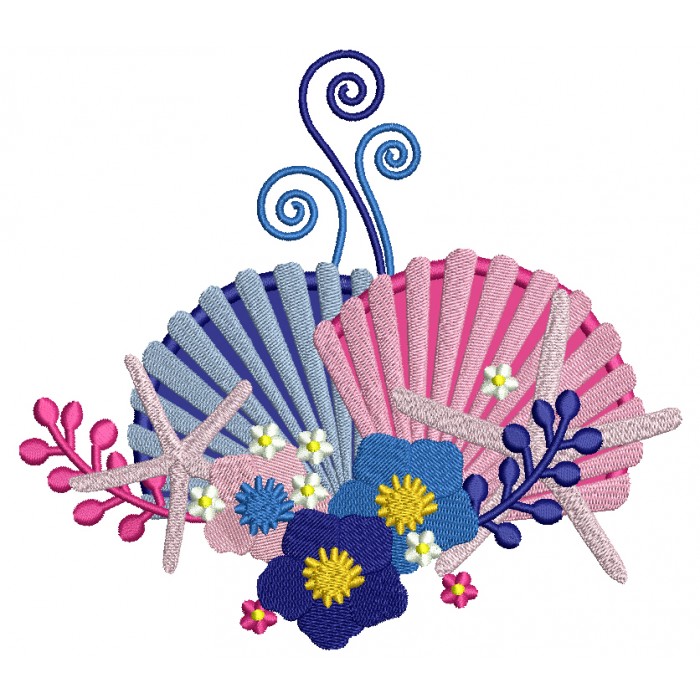 Sea Shells And Flowers Applique Machine Embroidery Design Digitized Pattern