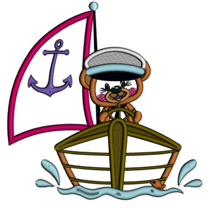 Bear Sailor On The Boat WIth Anchor Applique Machine Embroidery Design ...