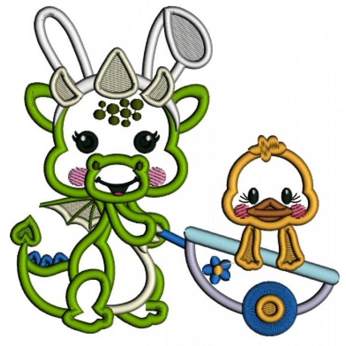 Cute Dragon Wearing Bunny Ears Driving Little Chick On a Garden Wagon ...