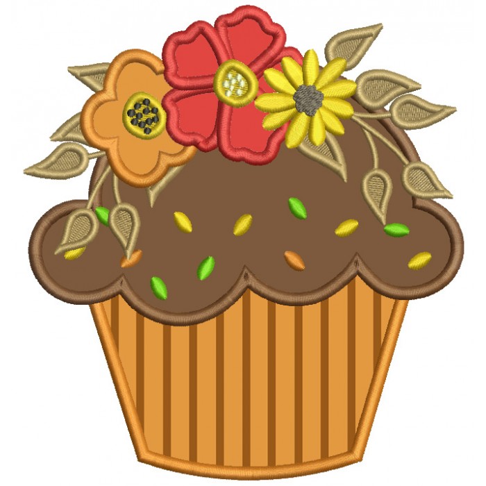 Cupcake With Fall Flowers Thanksgiving Applique Machine Embroidery ...