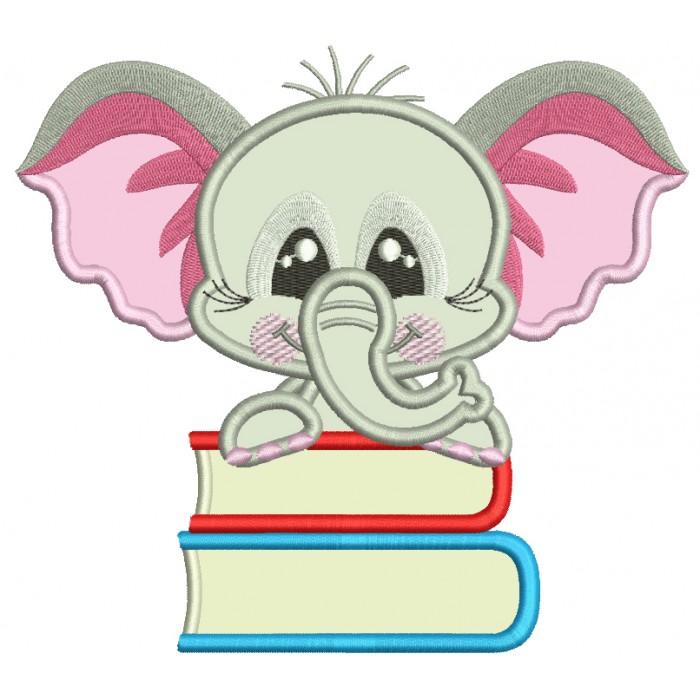 Cute Little Elephant Holding Two Books School Applique Machine ...