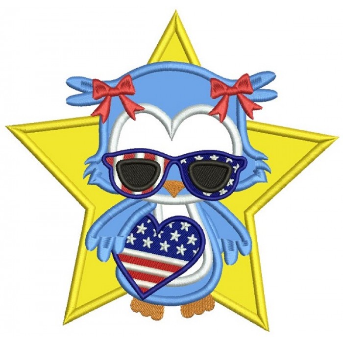 Patriotic Owl Independence Day Holding USA Flag Heart Applique Machine ...
