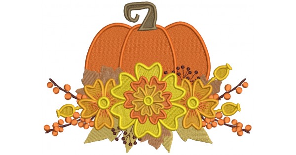 Pumpkin With Fall Flowers Filled Machine Embroidery Design Digitized Pattern