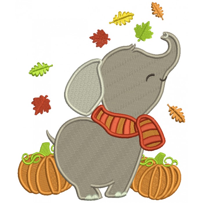 Baby Elephant With Two Pumpkins And Fall Leaves Filled Machine Embroidery Design Digitized Pattern