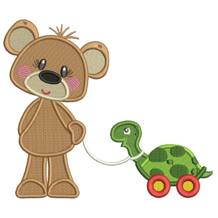 Cute Little Bear With Toy Turtle Filled Machine Embroidery Design ...