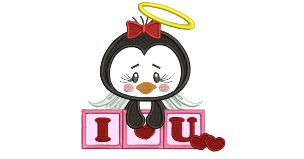 I Love You Cute Penguin Angel Applique Machine Embroidery Design ...