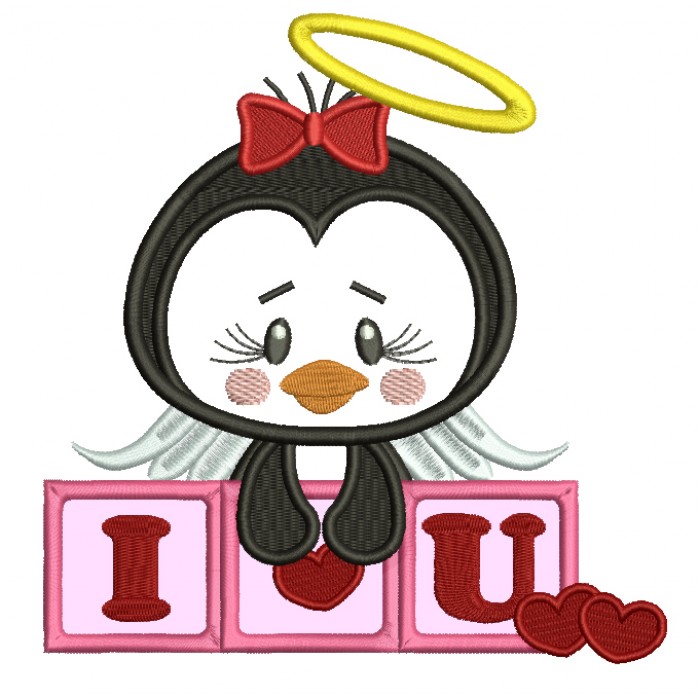 I Love You Cute Penguin Angel Applique Machine Embroidery Design ...