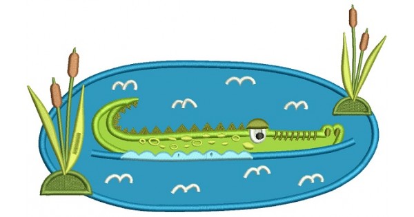 Alligator In A Swamp Applique Machine Embroidery Digitized Design Pattern