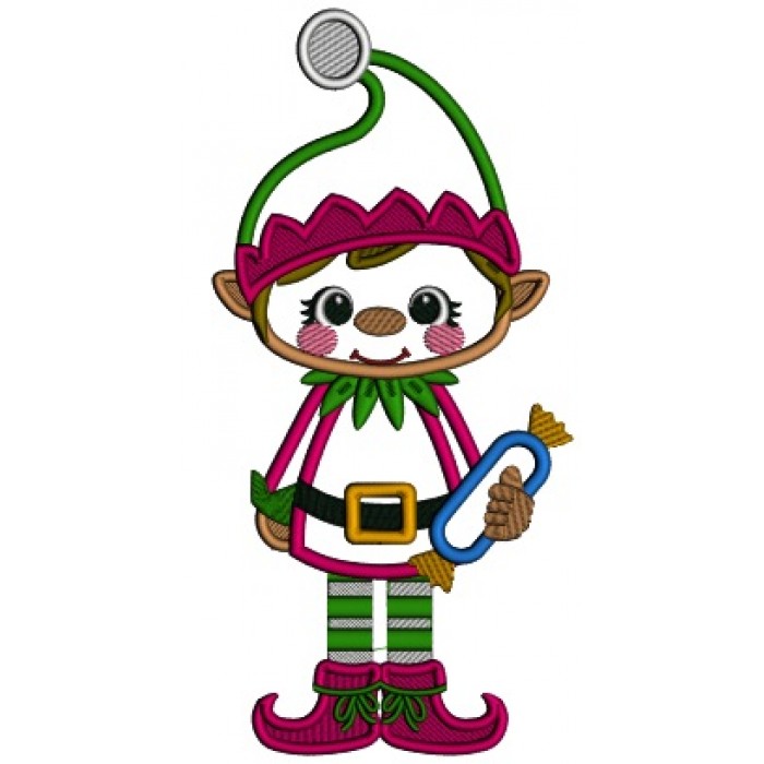 Boy Elf Wearing Santa Hat Holding Candy Applique Christmas Machine ...