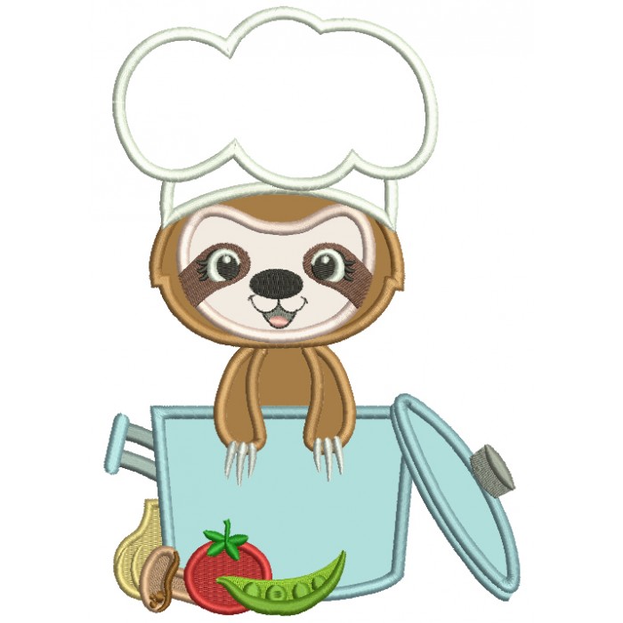 Sloth Cook With Cooking Pot And Vegetables Applique Machine Embroidery ...