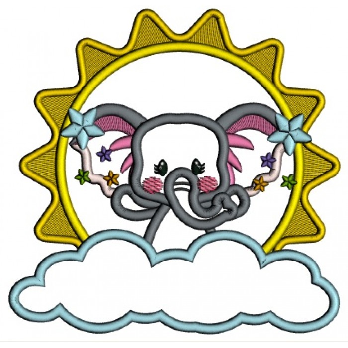 Cute Elephant On a CLoud And Big Sun Applique Machine Embroidery Design ...