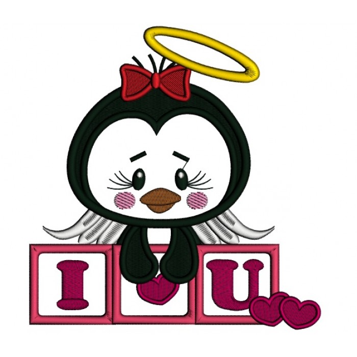 I Love You Cute Penguin Angel Applique Machine Embroidery Design ...