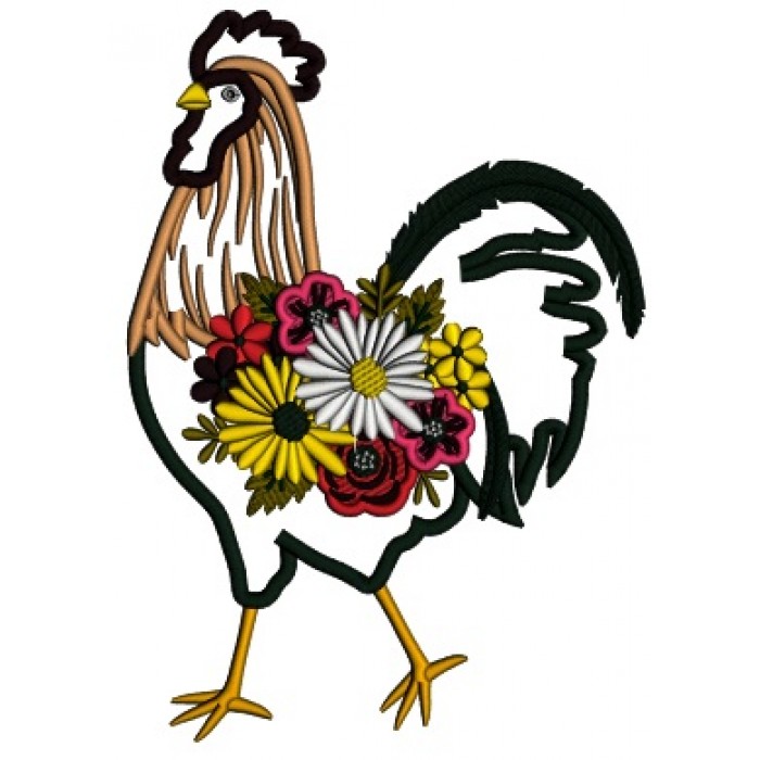 Rooster With Beautiful Flowers Applique Machine Embroidery Design ...