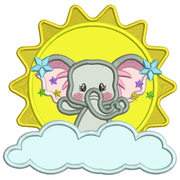 Cute Elephant On a CLoud And Big Sun Applique Machine Embroidery Design ...
