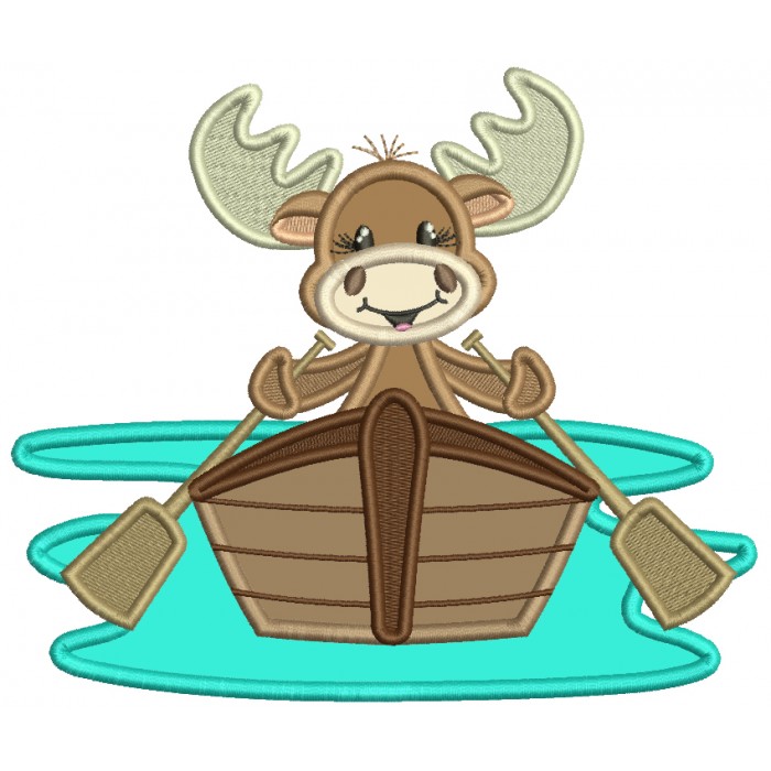 Moose Rowing a Boat Applique Machine Embroidery Design Digitized Pattern