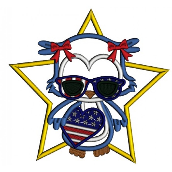 Patriotic Owl Independence Day Holding USA Flag Heart Applique Machine ...