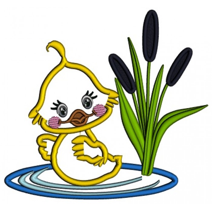Cute Duck Sitting In The Pond With Flowers Applique Machine Embroidery ...