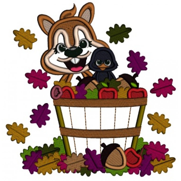 Squirrel Sitting In The Basket With Acorns And Leaves Fall Applique ...