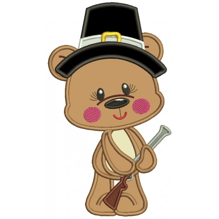 Bear Pilgrim Hunter Thanksgiving Applique Machine Embroidery Design ...