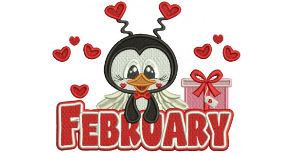 February Penguin With Hearts Valentine's Day Filled Machine Embroidery ...
