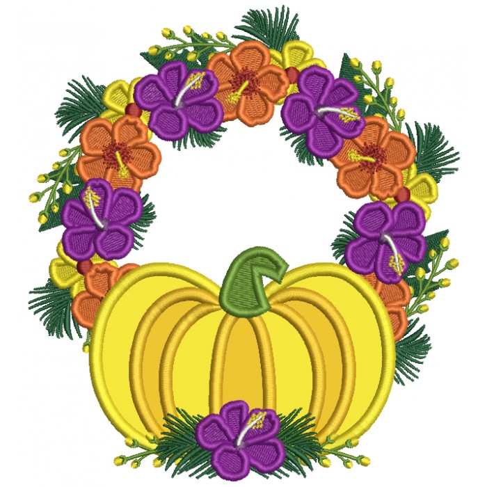 Pumpkin And Fall Flowers Wreath Applique Machine Embroidery Design ...